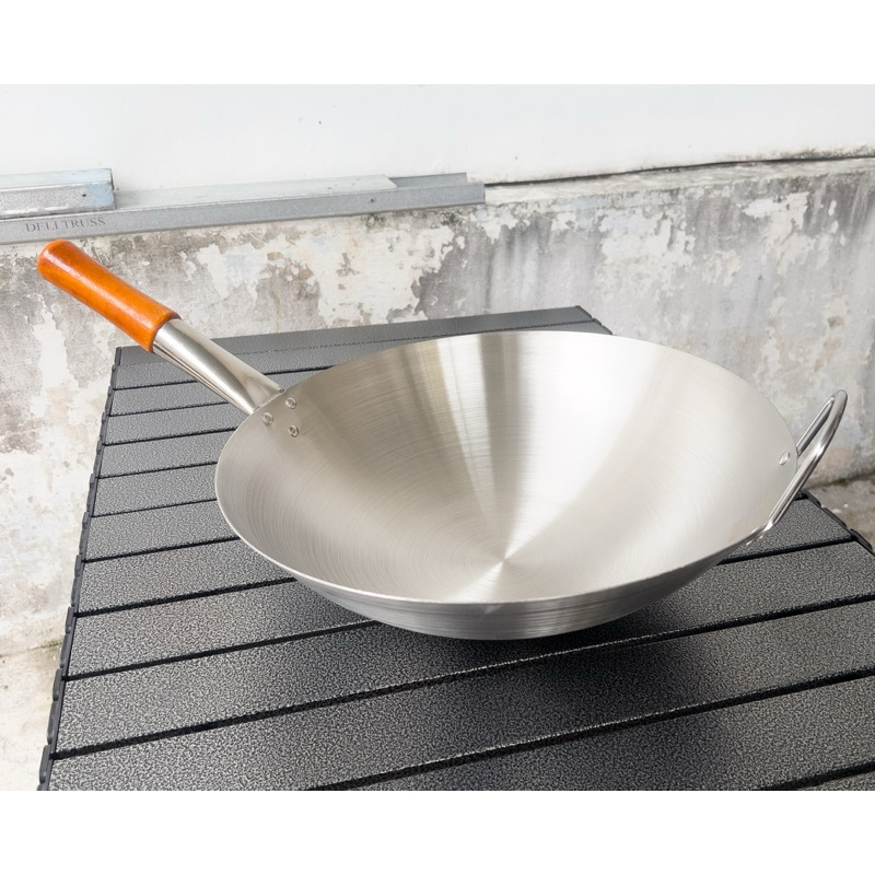 WOODEN HANDLE STAINLESS WOK / STAINLESS WOK / STAINLESS CROOK - HOKI ...