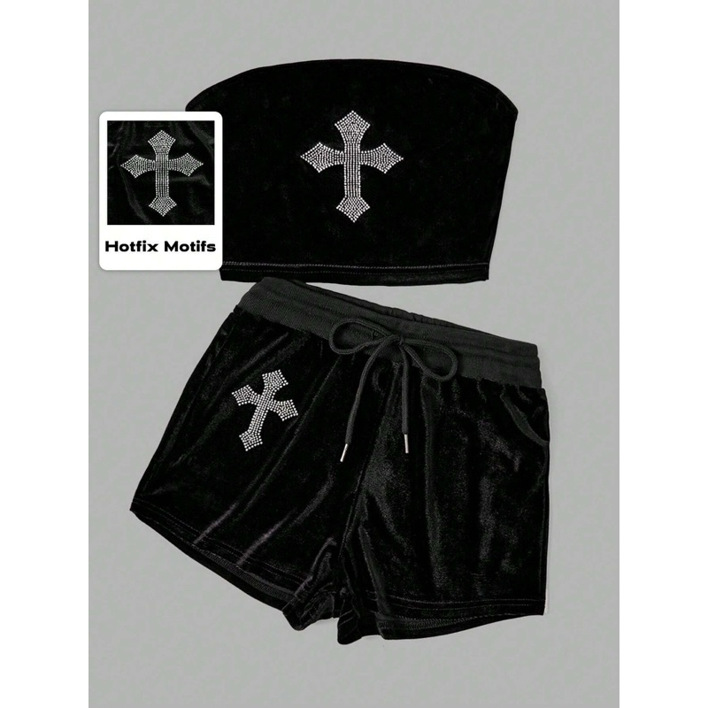 Goth 2pcs/Set Y2K Women's Sexy Cross Pattern Rhinestone Decor Velvet ...