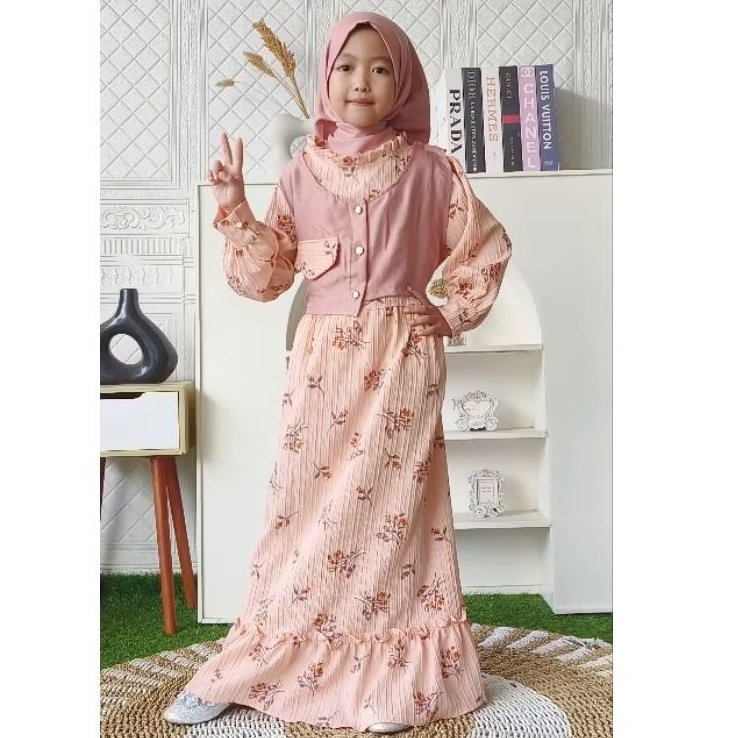 Gamis Vest Set Ribbon Hijab Children's Floral Pattern 3-14 Years / Maxi ...