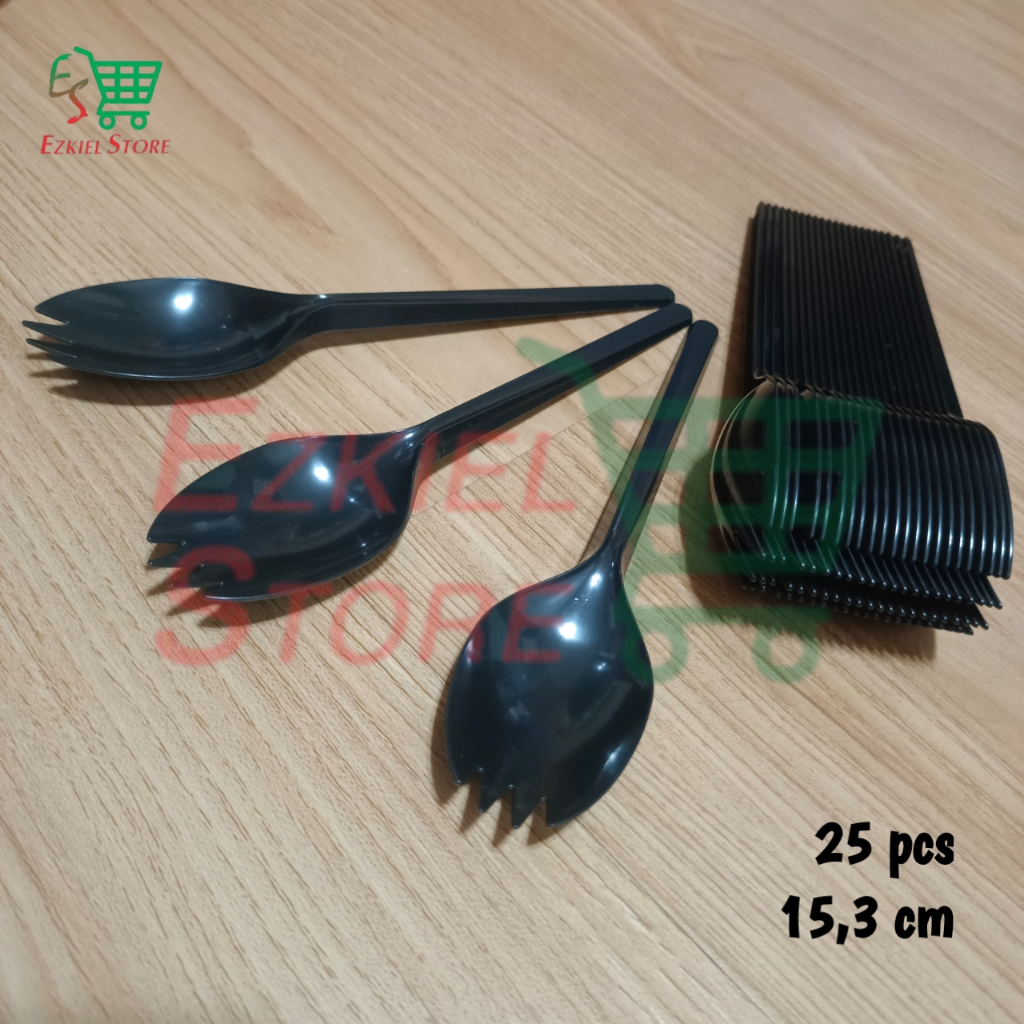 HITAM 2 in 1 Black Plastic Spork Fork Spoon Contains 25 Pcs | Shopee ...