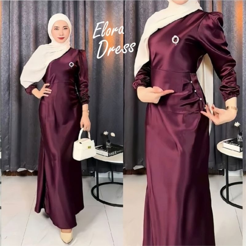 Elora Premium Silk Satin Dress for Women Muslim Wedding Gamis Body Fit ...