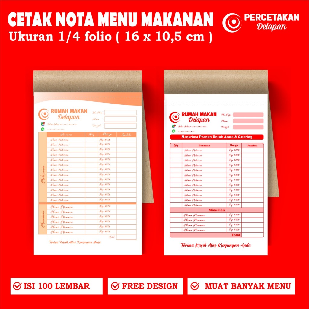 Print custom food menu notes 1 ply / 2 ply 1/4 folio | Shopee Philippines