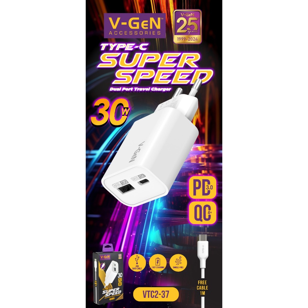 Travel Charger V-GeN VTC2-37 Super Speed 30W PD3.0 QC4+ Dual Port FREE ...
