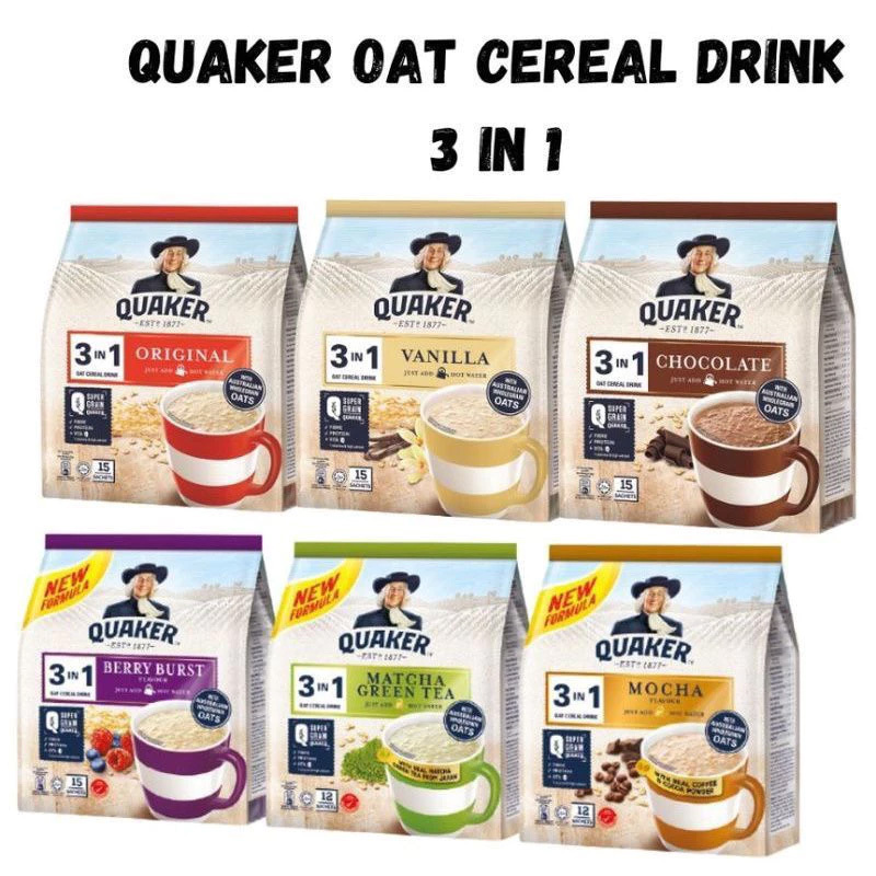 Quaker 3in1 Chocolate, Vanillan & Berry burst Polybag 224g Cereal Oats Drink (Contains 8 sachets ...