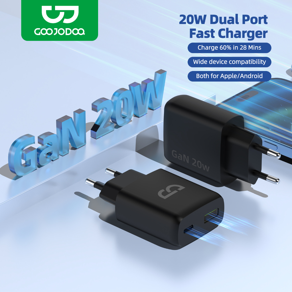 Goojodoq charger head 20w Dual Port Fast Charging GaN USB-A+Type C Dual ...