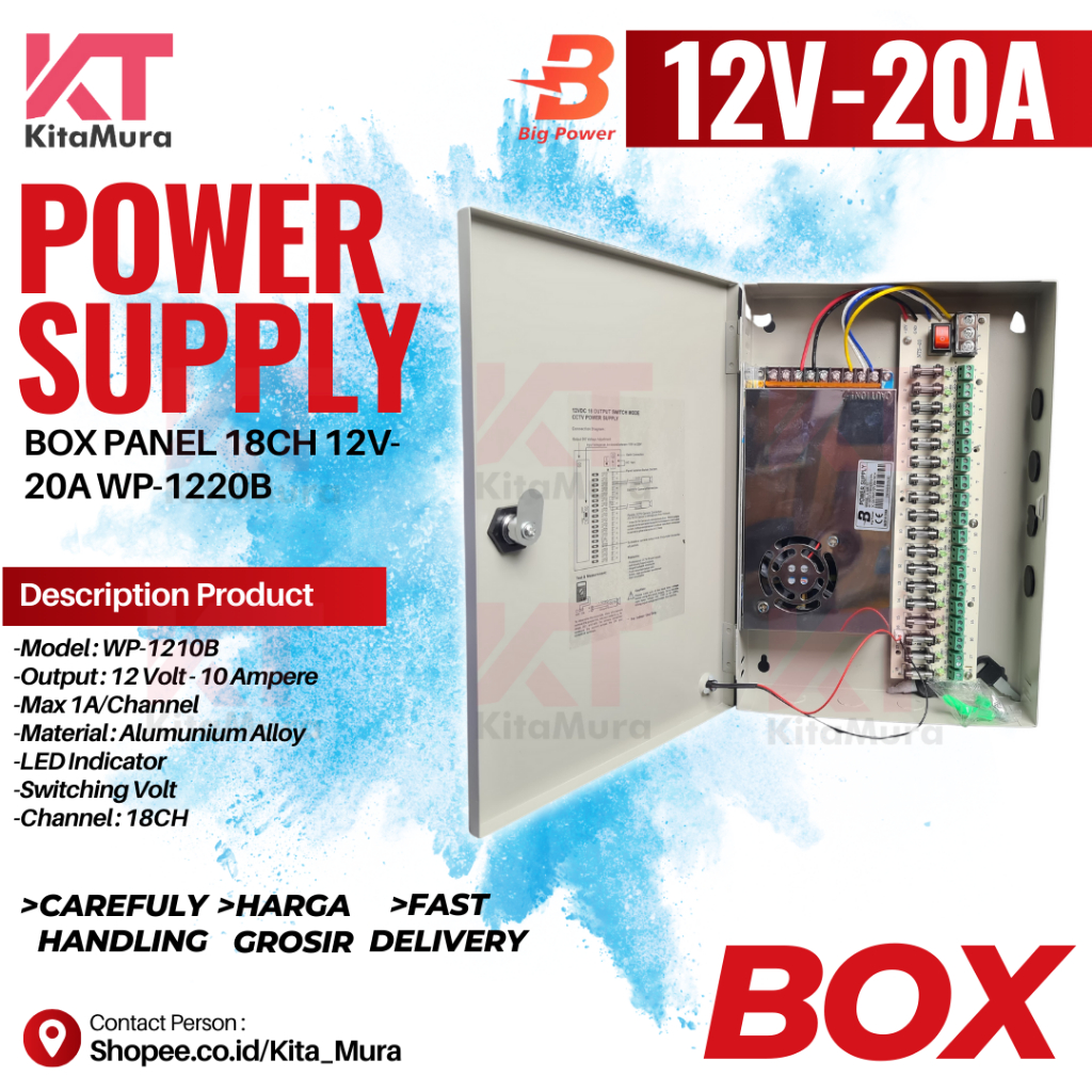 Power Supply Box 12V / 20A Central Panel Cctv Adapter + FAN 18 Channel ...