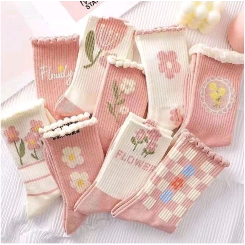 KK218 Women's Long Socks in White and Pink with Cute Floral Pattern ...