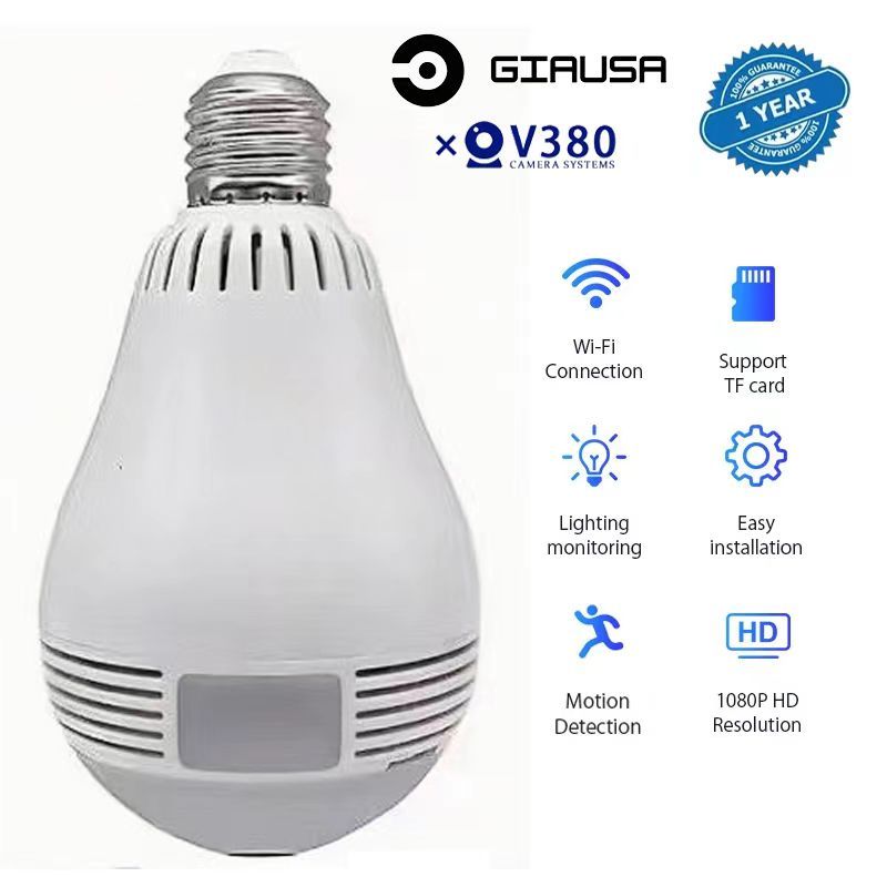 V380 CCTV Camera 360 Panoramic Light Bulb 8MP WiFi IP Cam with Night ...