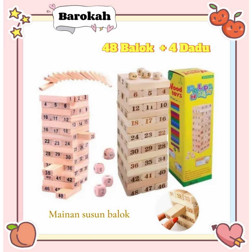 KAYU [BAROKAH] Wooden Stako 48 blocks + 4 DICES | Block Stacking Toy ...