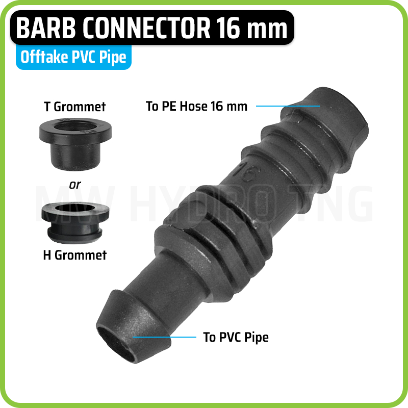 Barb Connector 16 mm - Offtake PVC Pipe with Grommet | Hydroponic ...