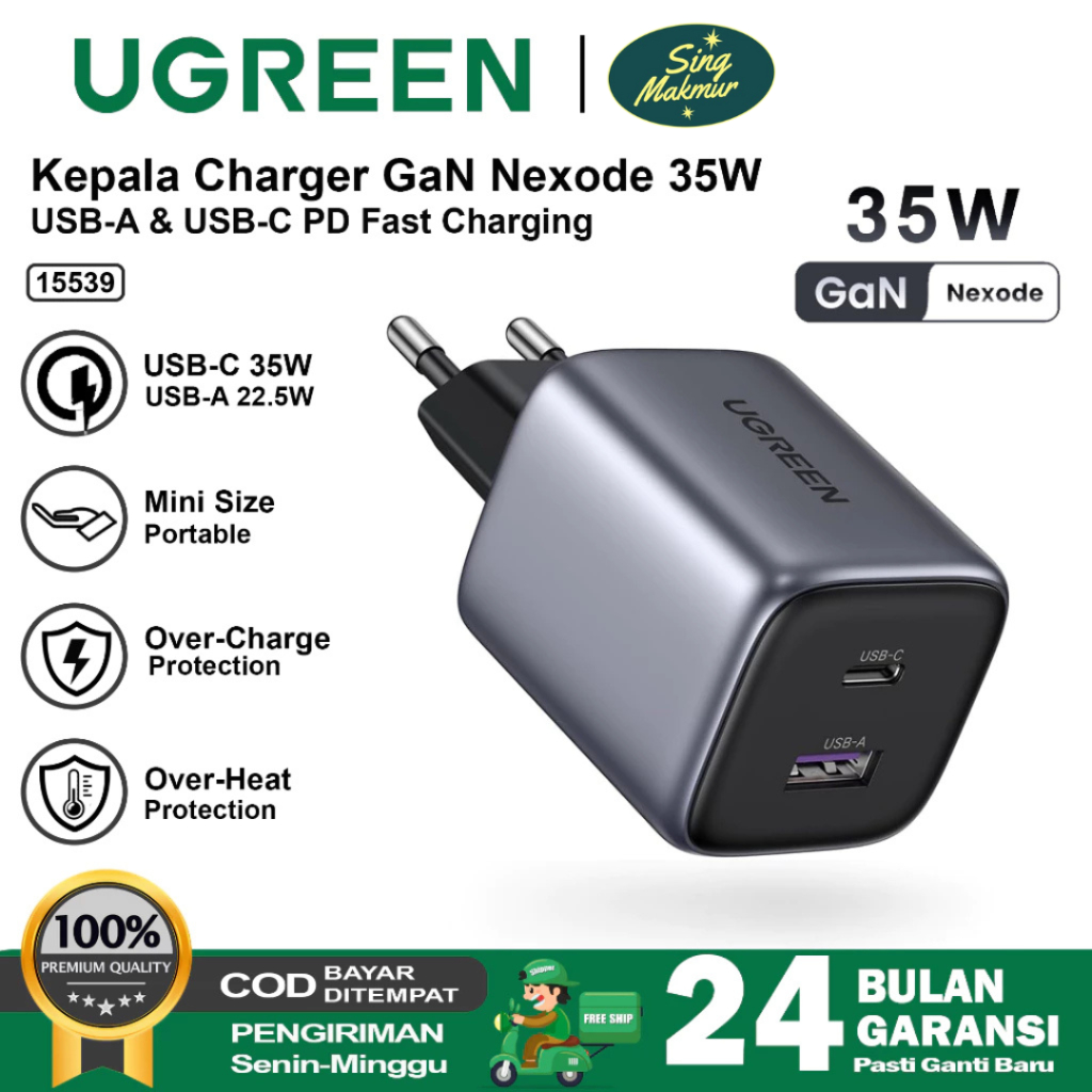 Ugreen GaN Charger Head Dual Port USB A & USB Type C Fast Charging 35W ...
