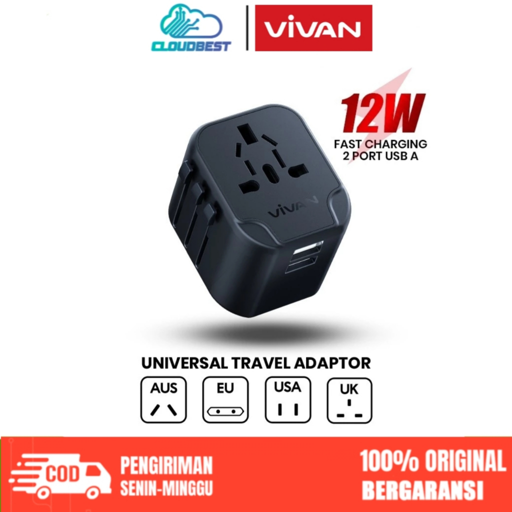Vivan Travel Adapter 12W Dual USB A Multi-country Power Adapter ...