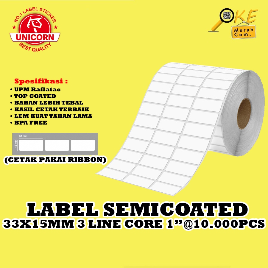 Semicoated Barcode Label Sticker 33x15 mm / 33x15mm 3 Line Core 1 inch ...