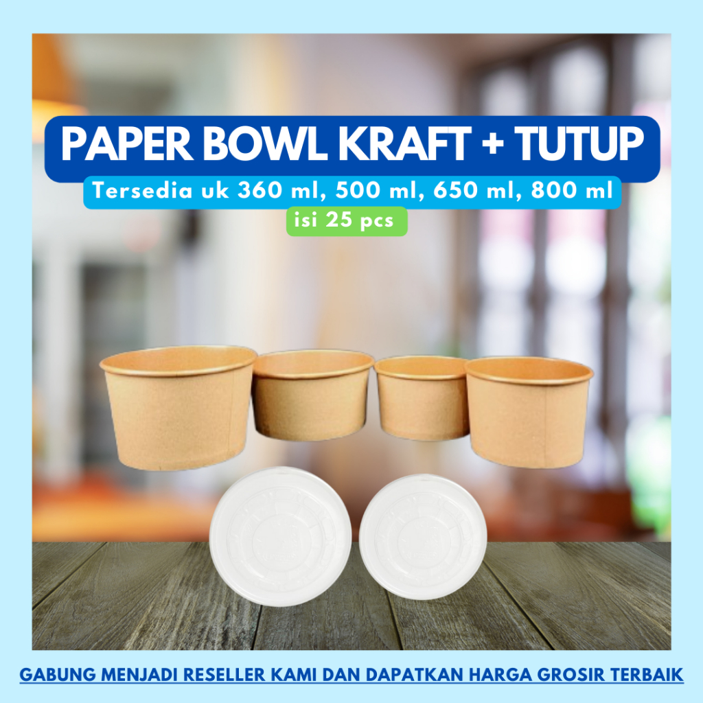 Thick Kraft Paper Bowl/Rice Bowl contains 25 pcs + Lid 360 ml, 500 ml ...