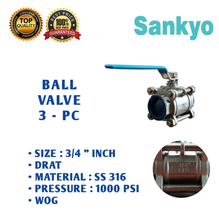 Ball Valve 3/4" inch 3pc sankyo 1000 Wog Stop Faucet Drat SS316 Stainles 3 pc Stop Water Faucet ...