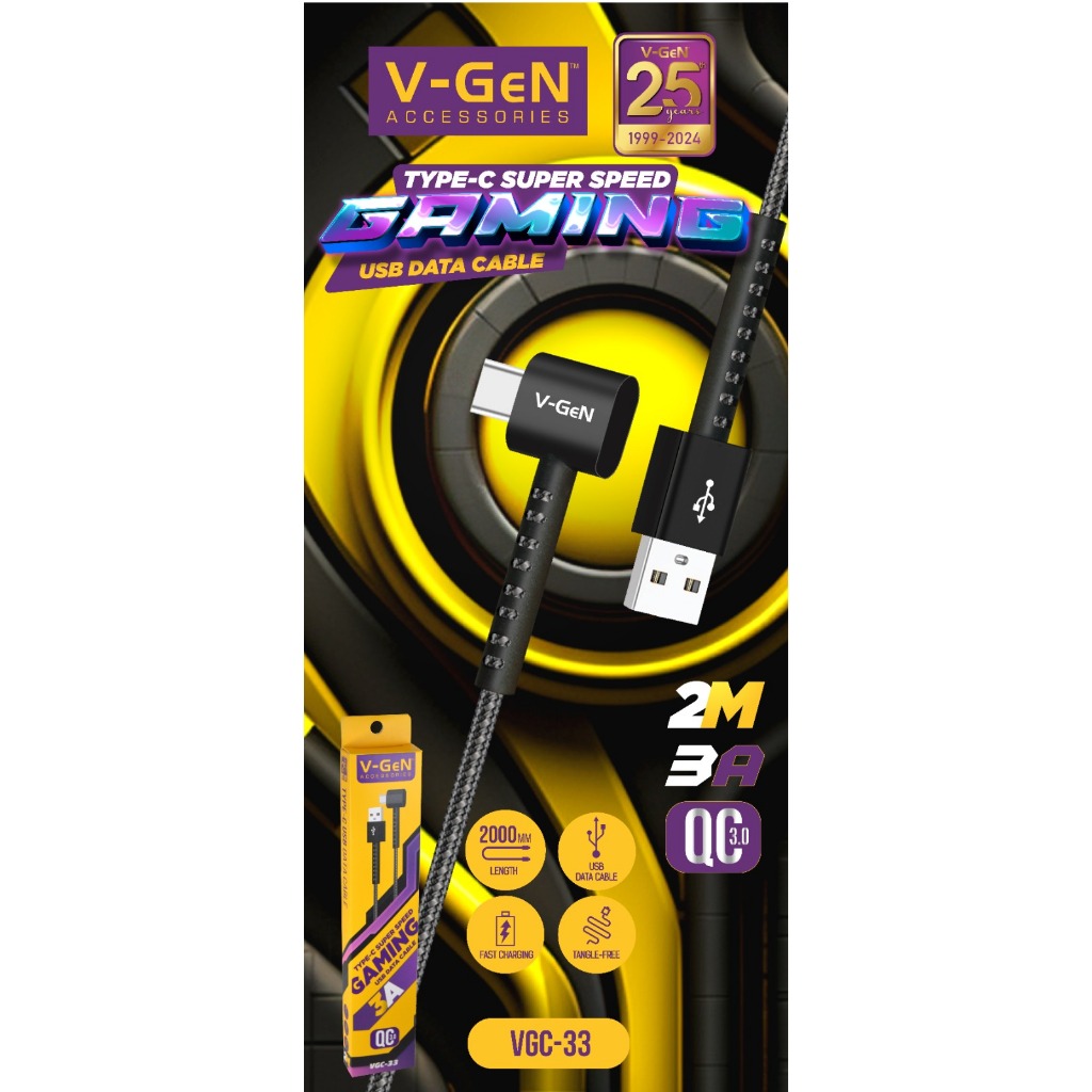 Type C V-GeN VGC-33 Fast Charging 3A QC3.0 Gaming L Shape Data Cable 2 ...