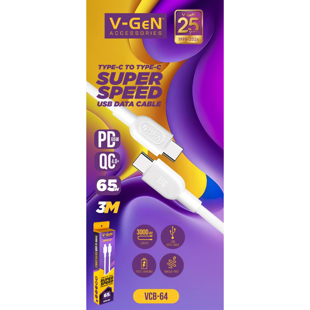 Type C To Type C V-GeN VCB-64 Super Speed PD65W QC4.0+ 3 Meters Super ...