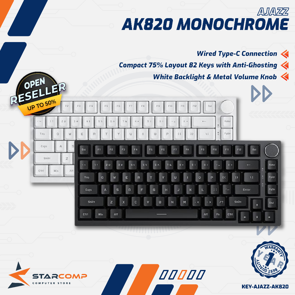 Ajazz AK820 Monochrome 75% Layout 82 Keys Anti Ghosting Metal Knob ...