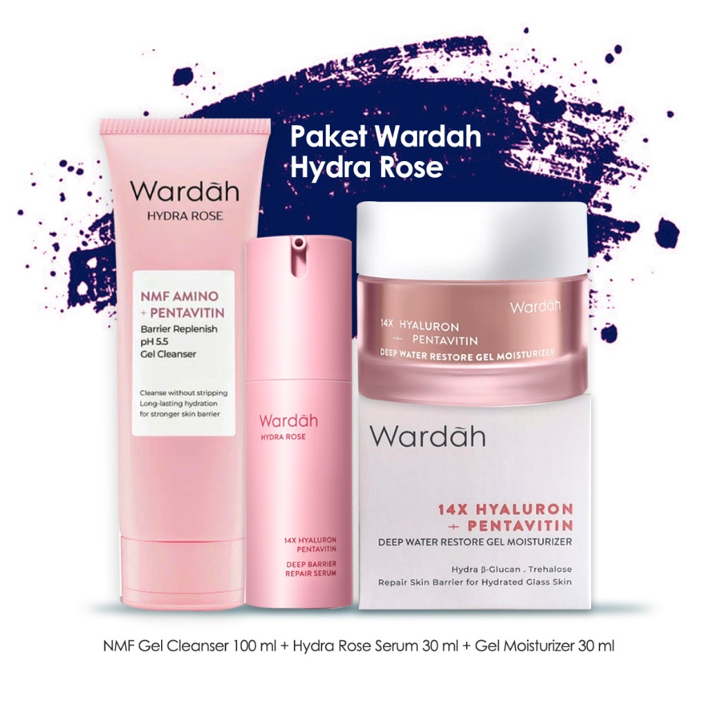 Wardah Hydra Rose Package 14x Hyaluron Pentavitin 3 pcs/ 2pcs (Gel Cleanser 100 ml, Repair Serum ...