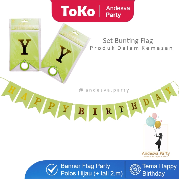 HIJAU Green happy birthday banner / green birthday bunting flag with ...