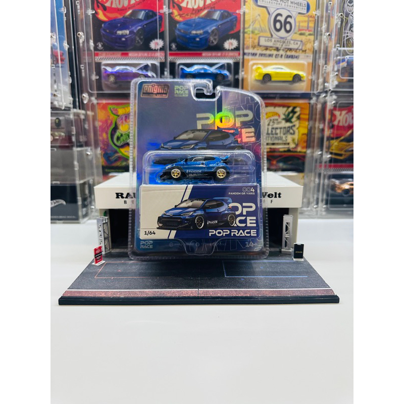 Pop Race x Enigma CHASE 1:64 Pandem GR Yaris Metallic Blue w/ Gold Rims Blister Packaging ...