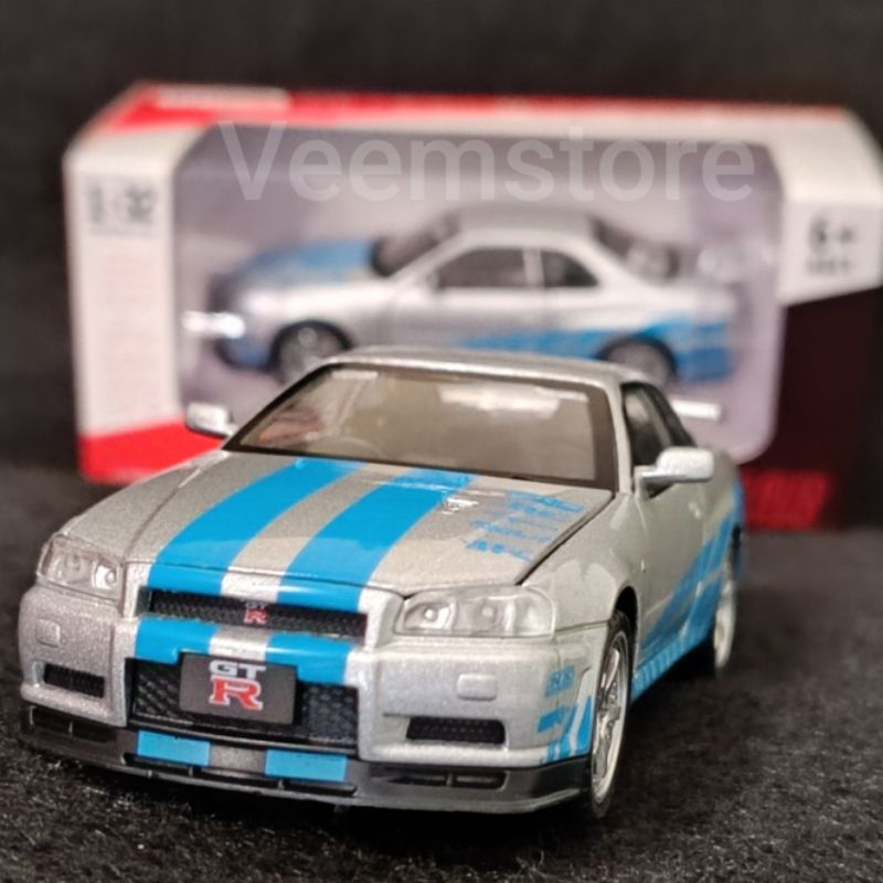 Die Cast 1:32 Nissan Skyline GT-R R34 Vspec Nur II [SILVER BLUE STRIPE ...
