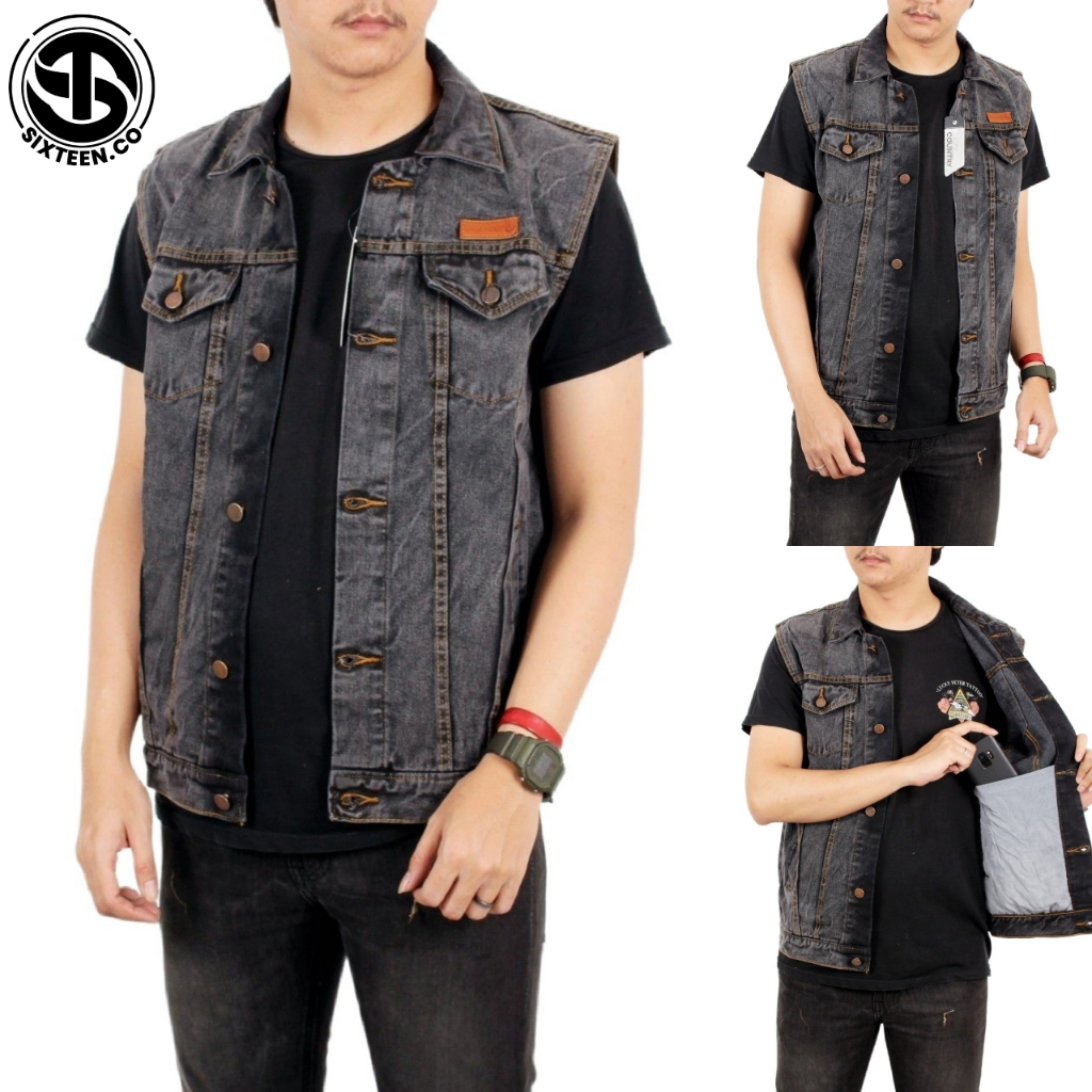 SIXTEEN - Men's Jeans Vest Classic Motorcycle Vest Size Sandwash Gray ...
