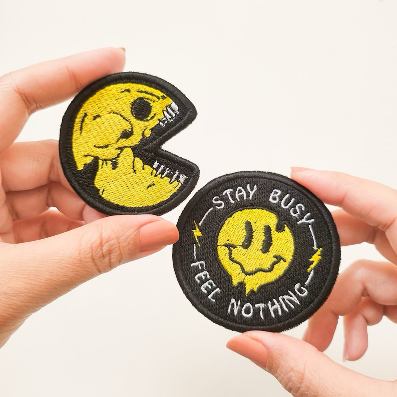 Smile IRON PATCH EMOJI / PAC MAN SKULL BADGE / STAY BUSY EMBROIDERED ...
