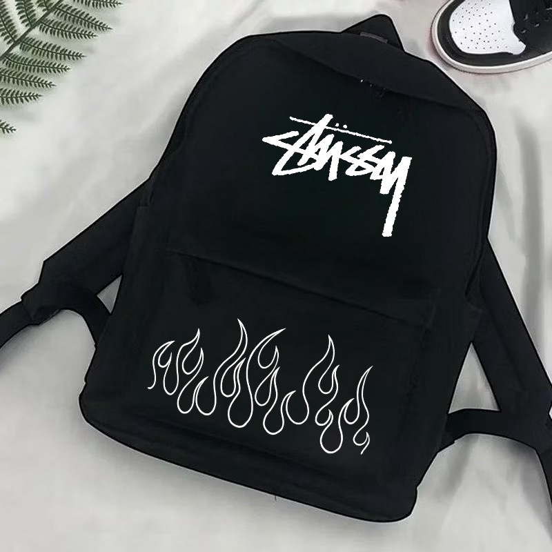Black Streetwear Backpack with Flame Motif & Stussy Logo – Stylish ...