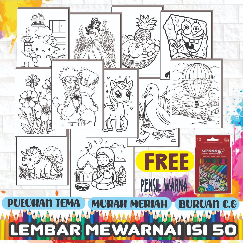 50 COLORING SHEETS VARIOUS THEMES FREE COLOR PENCILS | Shopee Philippines