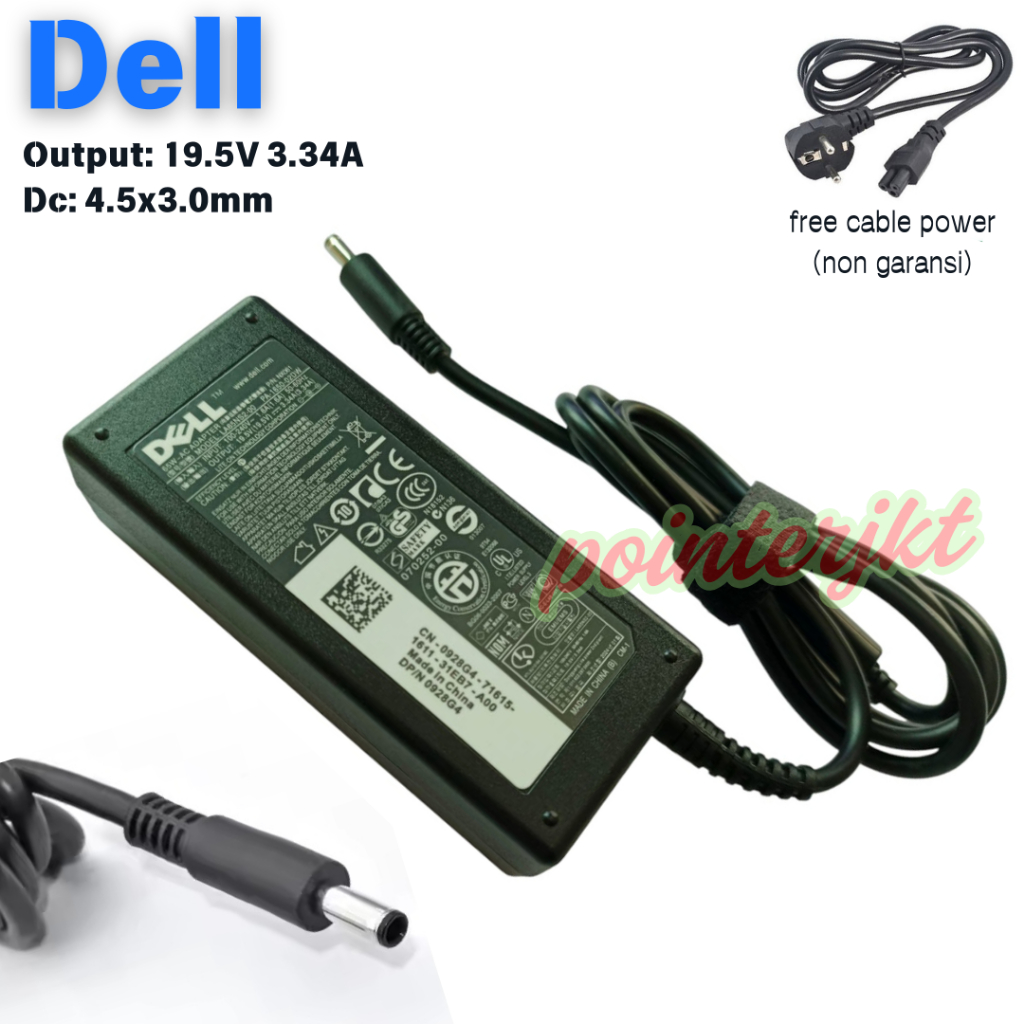 Inspiron Laptop Charger 11 3000 3162 3168 3169 3162 3164 3179 3180 3185 19.5V 3.34A 65W Dc 4.5 ...