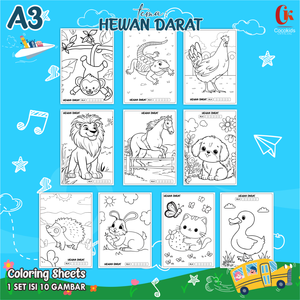 (DISH ANIMALS 01) A3 CHILDREN'S COLORING PAPER - COLORING SHEETS SERIES ...