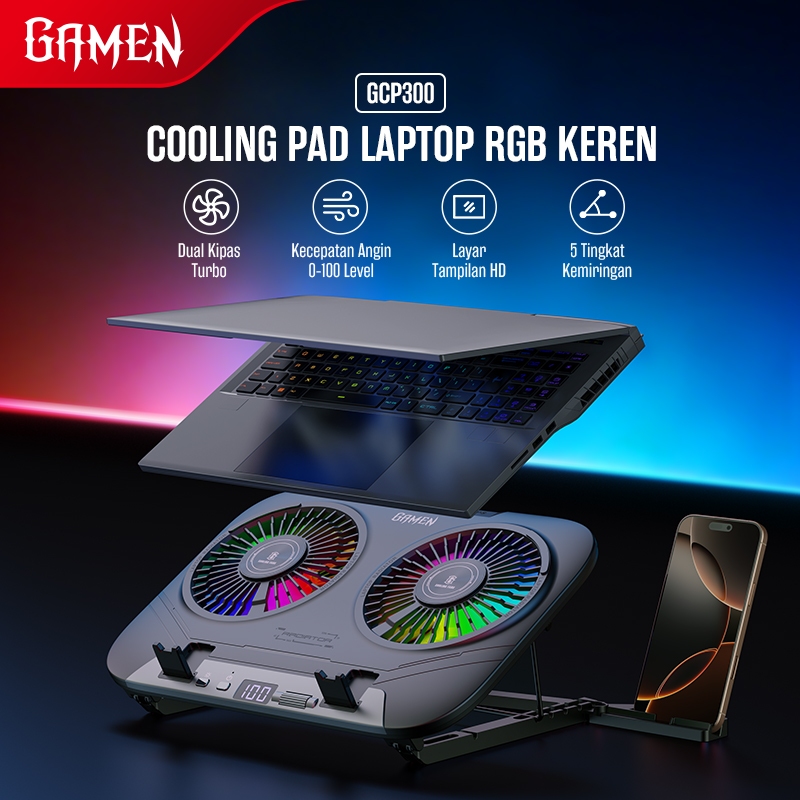 GAMEN Cooling Pad Gaming Laptop Fan 2 Turbo Core 100 Wind Speed Levels ...