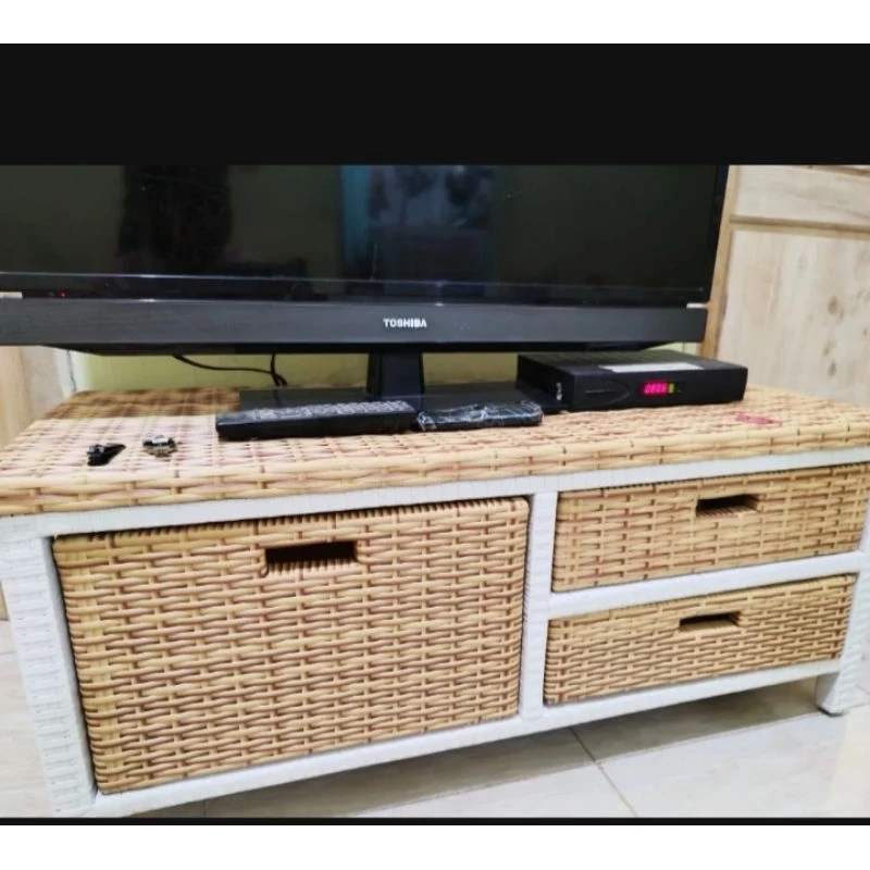 Synthetic Rattan Tv Table with 3 Drawer Shelves, Stacked Rattan ...