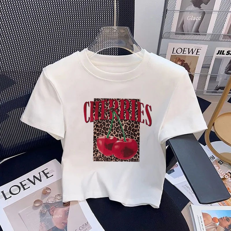 Cherries Cherry leopard print Korean printing Short Sleeve Crop Top T ...