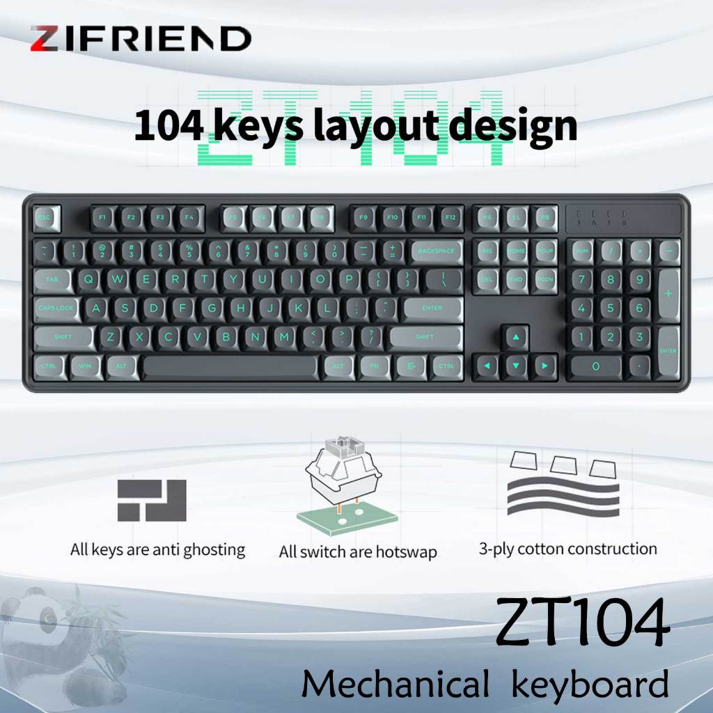 ZIFRIEND ZT104 Mechanical Keyboard 104 Key Wired Hot Swap Silver Switch ...