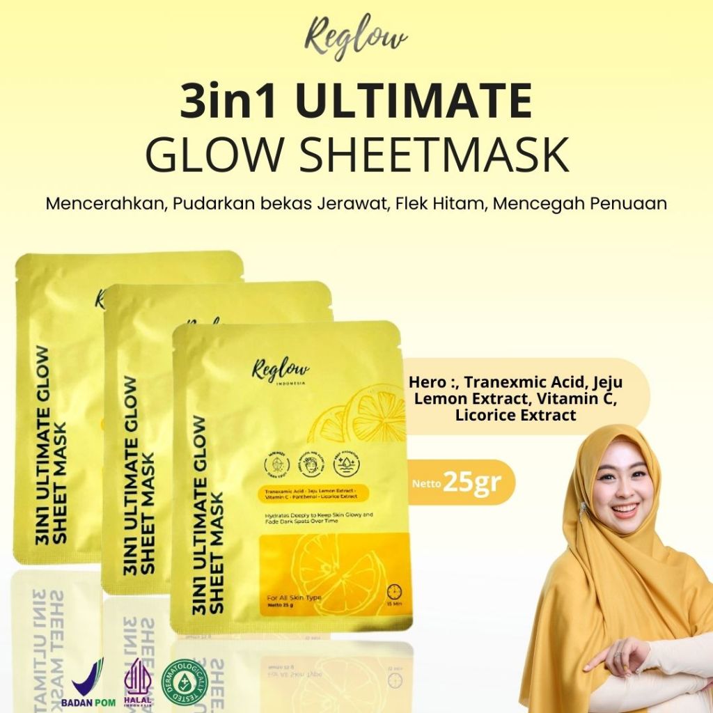REGLOW 3in1 Ultimate Glow Sheet Mask Glowing Brightens Face Moisturizes ...