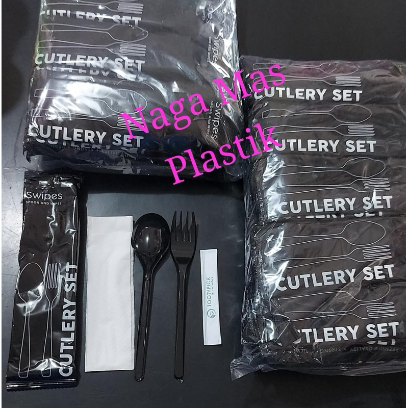 Plastic cutlery / Set of spoon + fork + toothpick + tissue. 1 pack ...