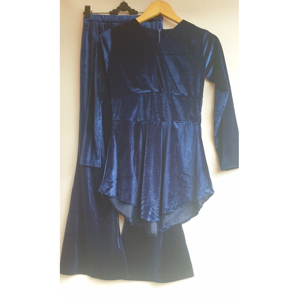 Light Navy Velvet Bludru Set Plain Cutbray Pants Like New Preloved PL ...