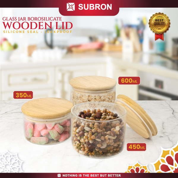 Subron Glass Jar Borosilicate Wooden Lid 350ml 450ml 600ml Food Grade ...