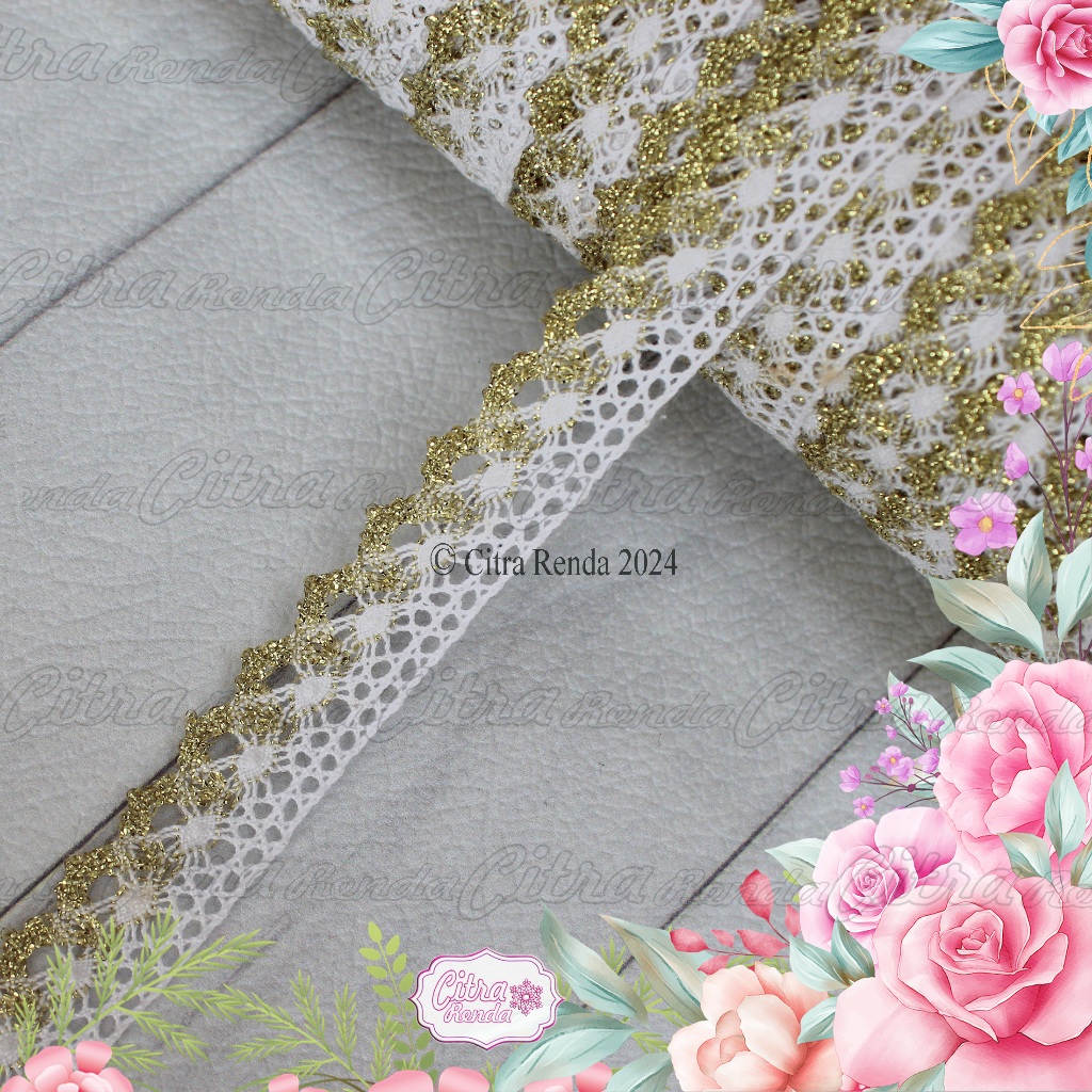 PUTIH (Per Meter) RDR587 Knitted Lace, Beautiful White-Gold Motif, 1 ...