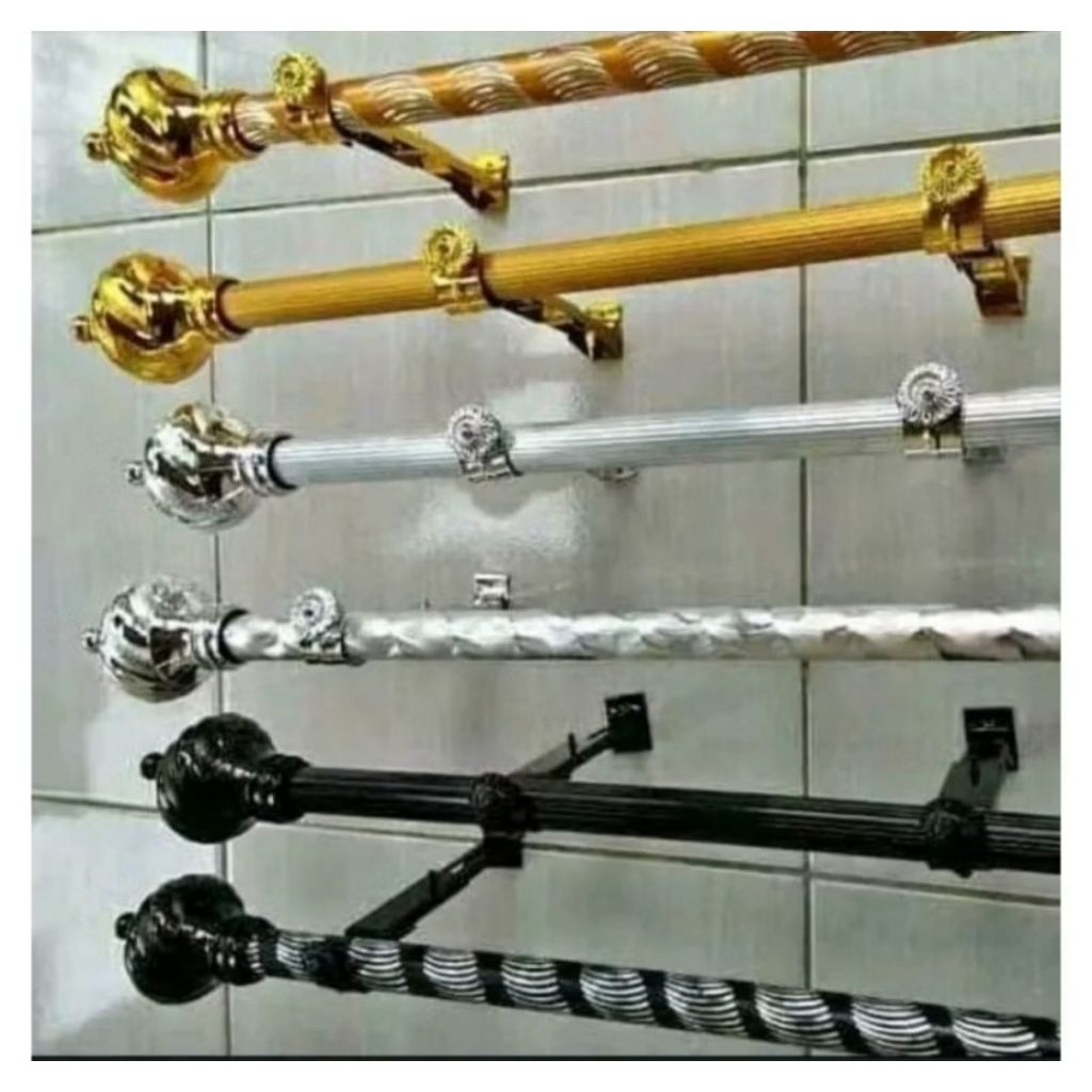 Full set of striped carved curtain rods, edge caps and support legs ...