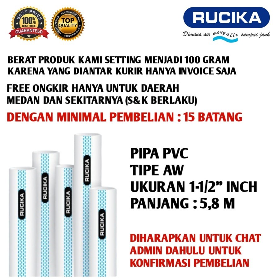 PUTIH WHITE pvc WAVIN rucika PIPE TYPE AW THICK 1-1/2" inch 1 1/2 inch ...