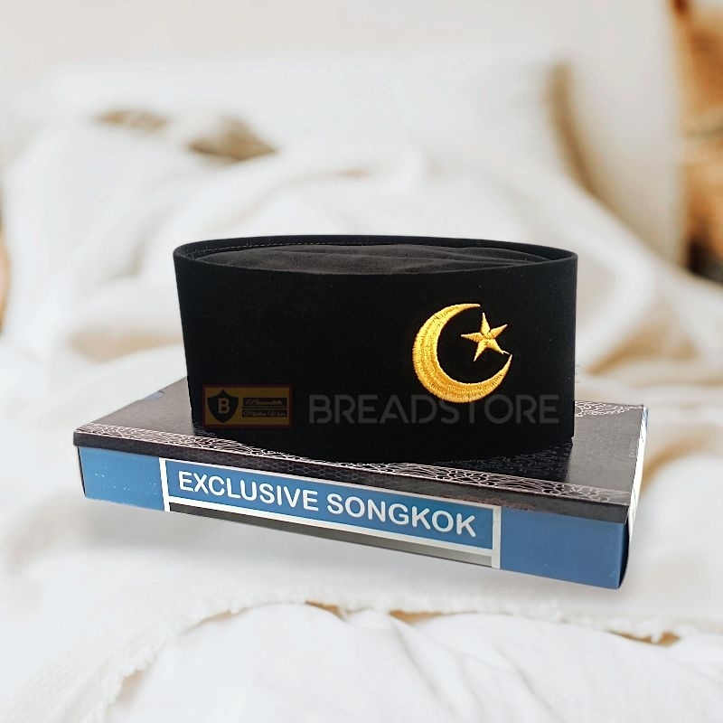HITAM Peci Songkok Kopiah Black Plain Motif Logo Moon Star Embroidery ...