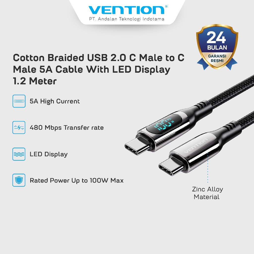 Vention USB Type C to C Male 5A 480 Mbps 100W Smart LED Display Cable Cotton Braided - TAY ...