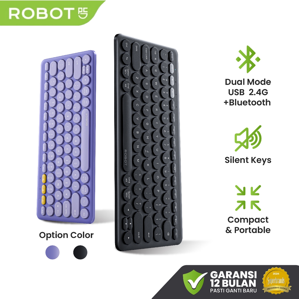 ROBOT Wireless Keyboard 3 Connections Bluetooth USB Silent Keys Multi-Device for Ipad Tablet ...