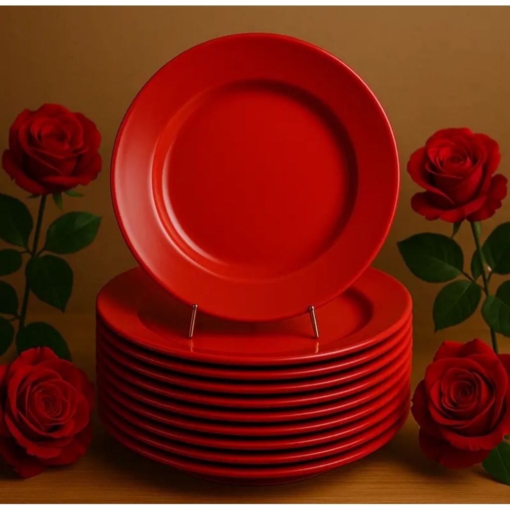 MERAH 12 PCS RED MELAMINE DINNER PLATES SIZE 9 INCH FOOD GRADE (SNI ...