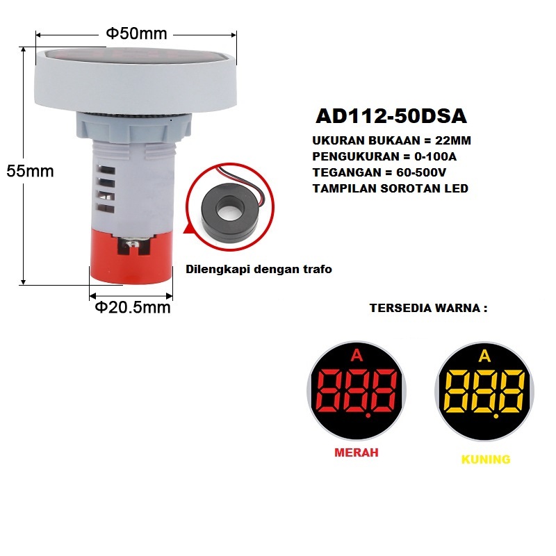 PILOT LIGHT AD16-50 AMPER PANEL INDICATOR METER LARGE ROUND 5CM (A ...