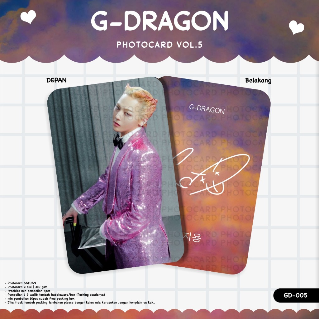 Newest COLLECTION PHOTOCARD G-DRAGON VOL.5 UNOFFICIAL 2 SIDES GLOSSY ...