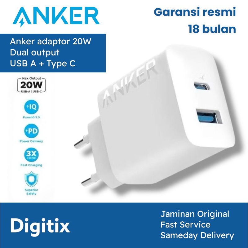Anker PowerPort Head Wall Charger 20W Dual Output USB A Type C Fast ...